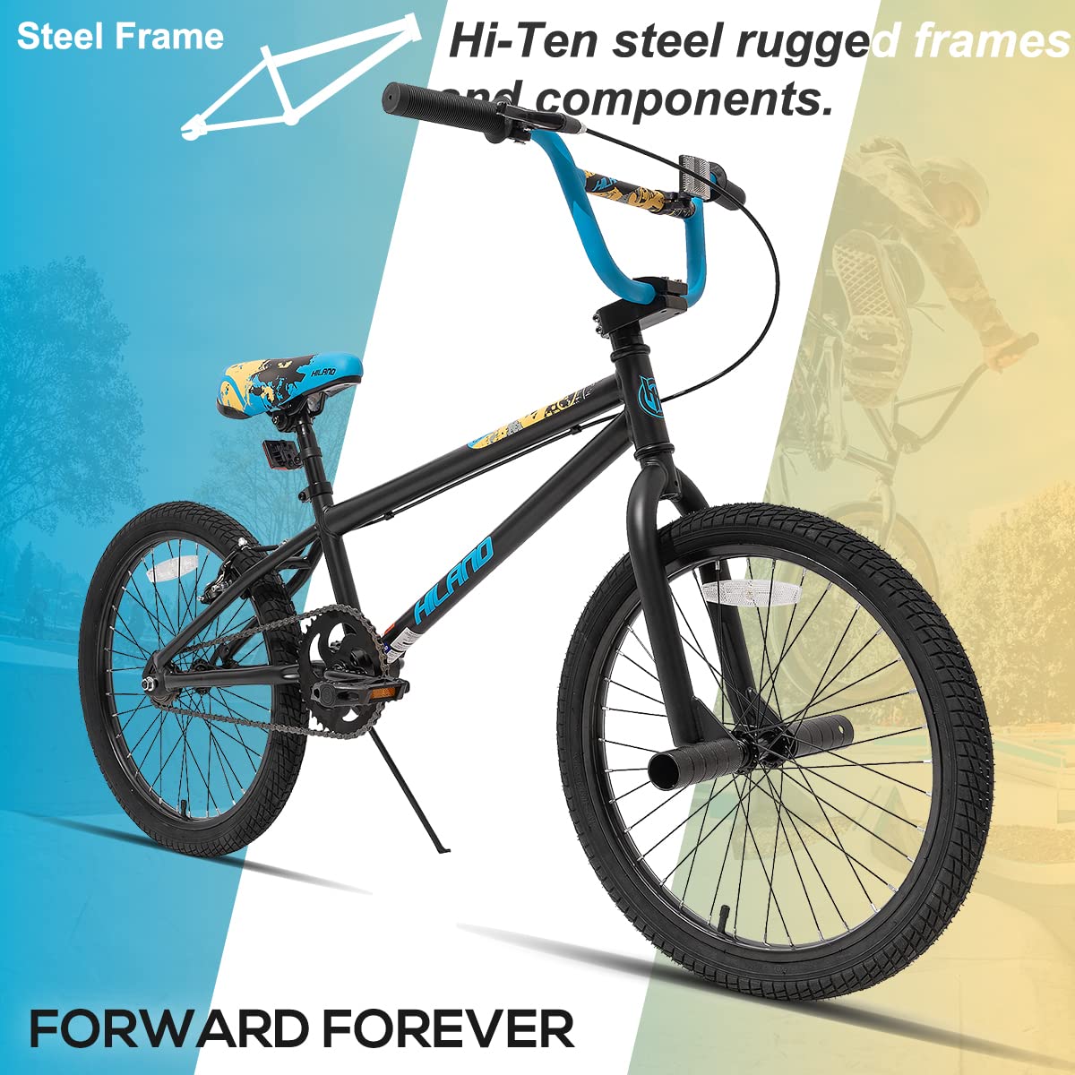 Hiland 20 inch BMX Bike for Kids and Beginner-Level to Advanced Riders with 2 Pegs Black