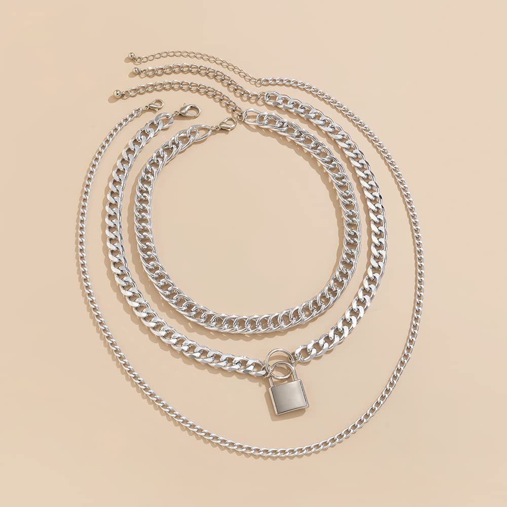 Jumwrit Chunky Chain Necklace Punk Layered Choker Necklaces Cuban Link Chain Necklace with Lock Pendant Necklace Statement Necklace for Women(Silver)