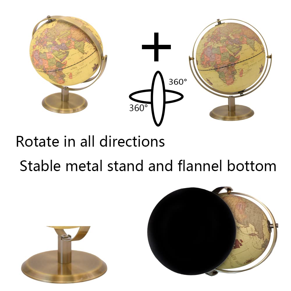 JusirHe Retro Style World Globes, 8" Educational World Globe with Stand, All Angle Rotatable, Night Light with Built-in LED, Decor for Office Classroom & Home, Gift Idea for Family & Friend