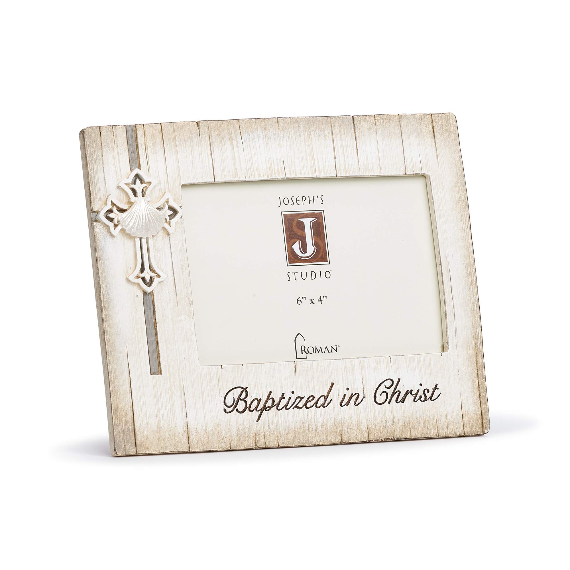 Joseph's Studio by Roman - Baptism Distressed Picture Frame for 4" x 6" Photo, Horizontal Tabletop or Desk Display - 6.75" H, Resin and Stone, Decorative, Collection, Durable, Long Lasting