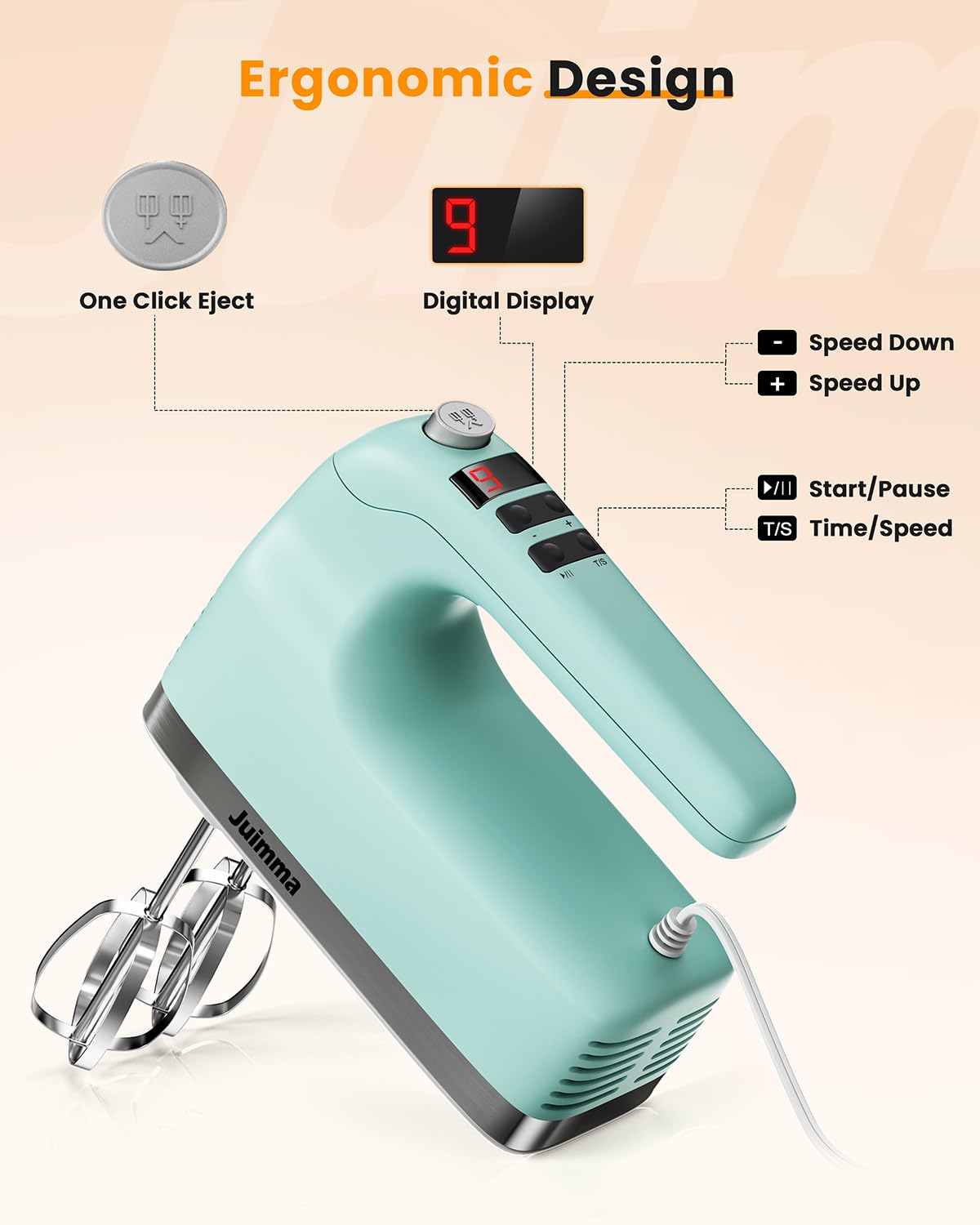 Juimma Hand Mixer Electric Handheld, 9-Speed 400W Kitchen Food Mixer with Digital Display and Touch Button, 5 Min Timer, Storage Case, 6 Stainless Steel Accessories, for Eggs Cream Cake Dough, Mint