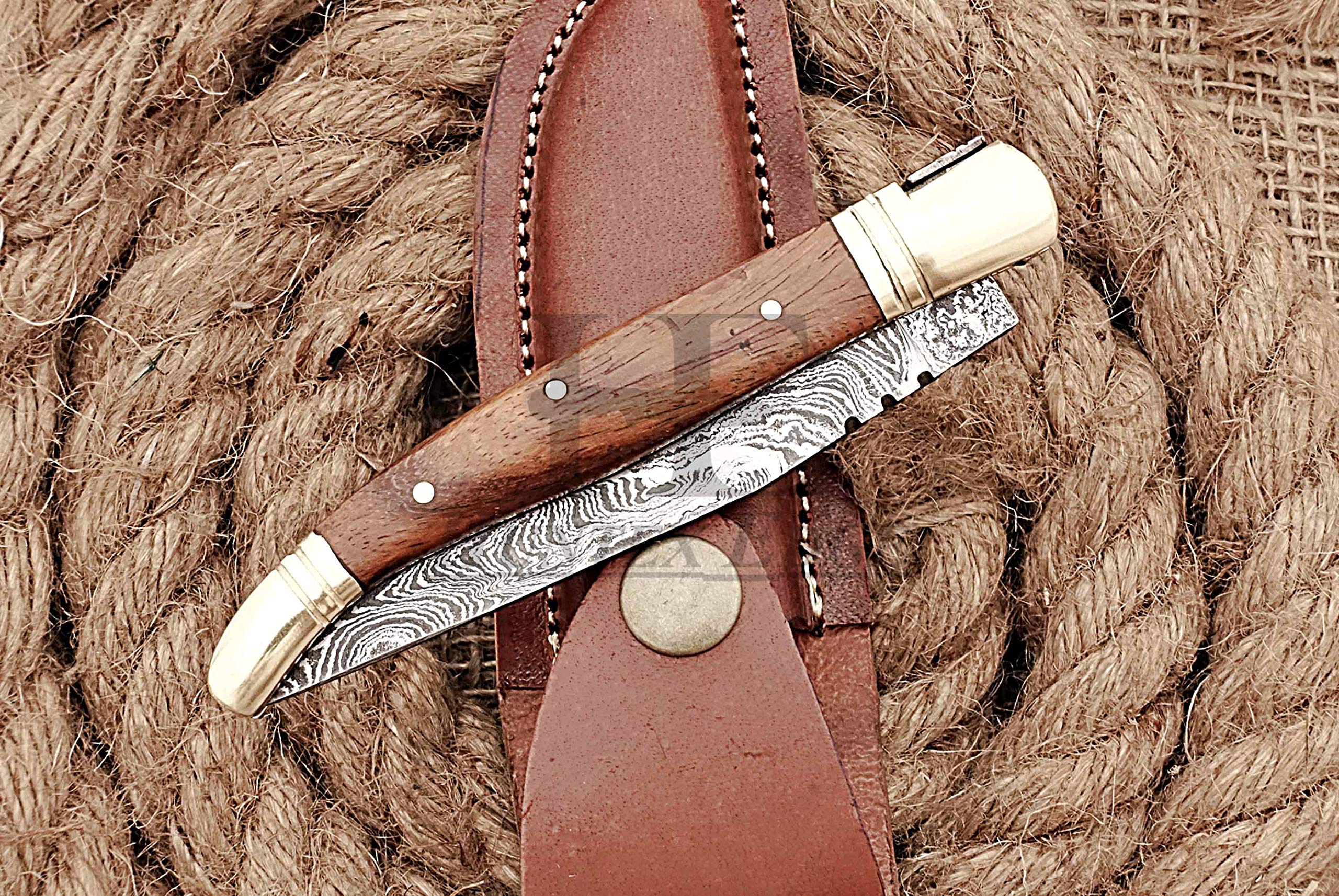 HUNTEX Custom Handmade Hand-Forged Twist Pattern Damascus Steel 4 Inch Long Natural Rosewood Handle Razor Sharp Hunting Camping Folding Pocket French Lagouli Knife with Genuine Leather Pouch