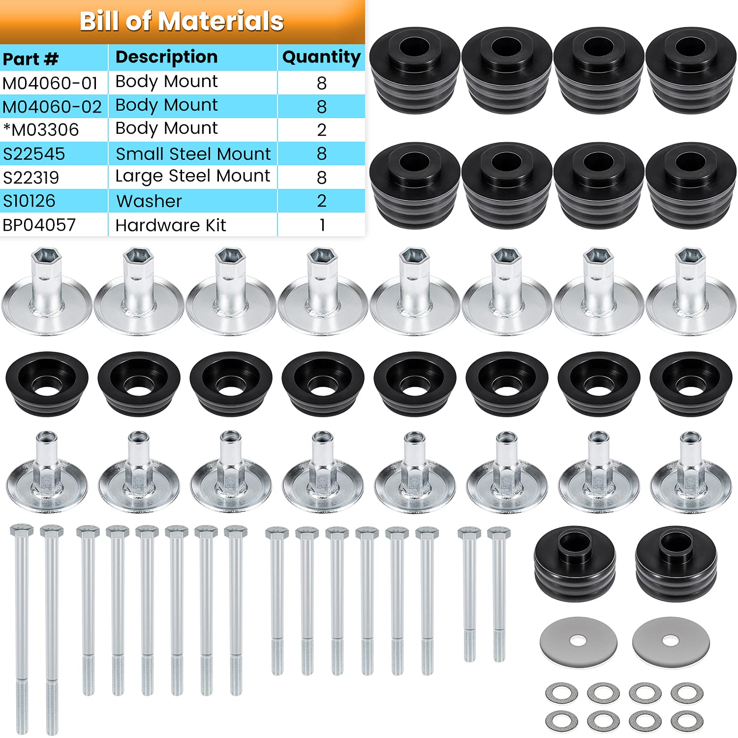 KF04060BK Body Mount Bushing Kit for Ford F250 F350 Super Duty 2008-2016 2WD 4WD Polyurethane Body Cab Mounts & Steel Sleeves & Hardware (Black)