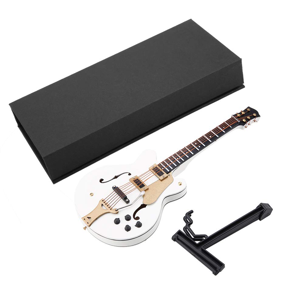 Hilitand White Miniature Guitar, 7in Instrument Model, with Adjustable AFrame Stand, Mini Musical Instrument, Electric Guitar Ornaments, Christmas/Birthday Gift