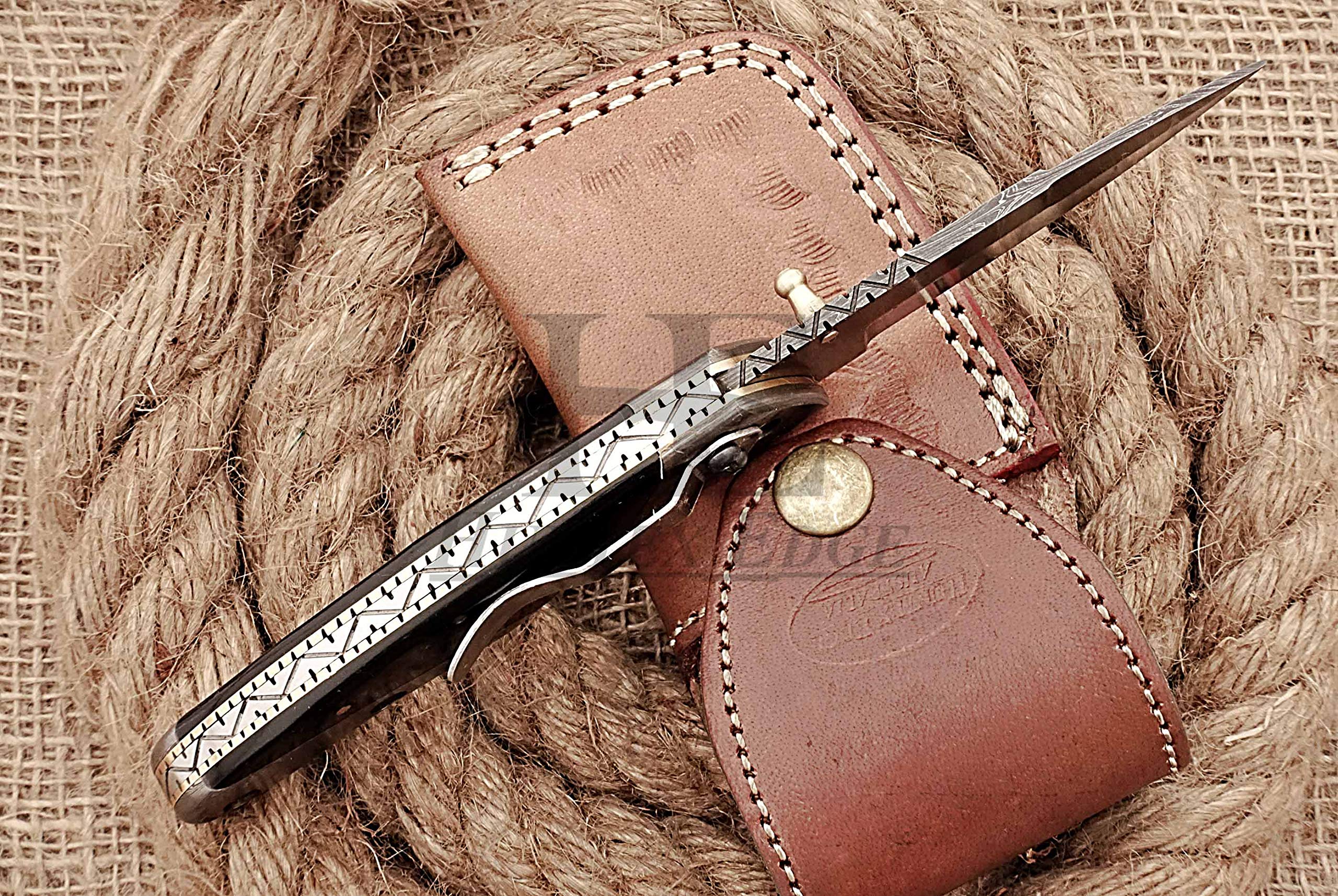 HUNTEX Custom Handmade Hand-Forged Twist Pattern Damascus Steel 4 Inch Long Natural Walnut Wood Handle Razor Sharp Hunting Folding Pocket Spear Knife with Pocket Clip & Genuine Leather Pouch