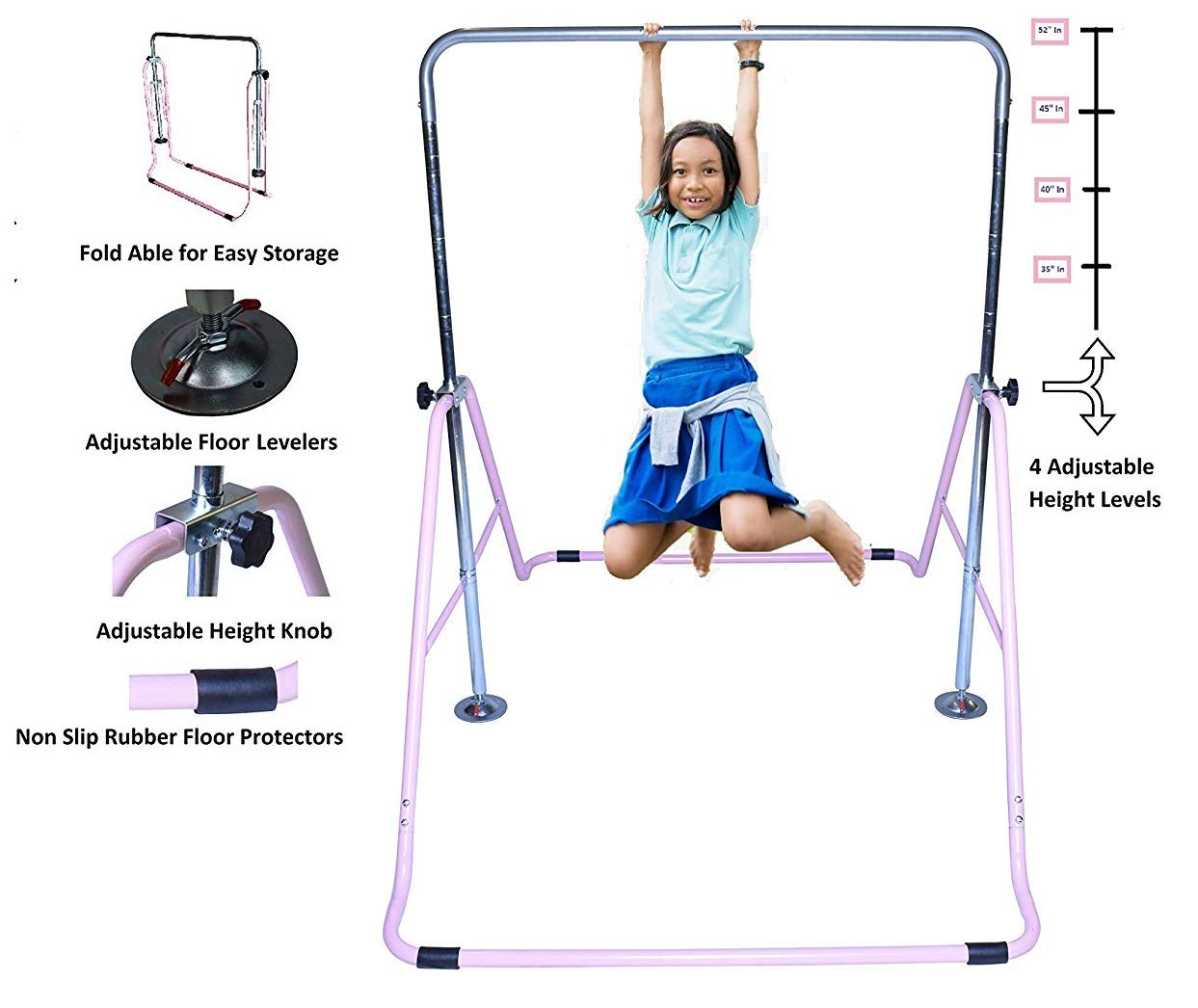 Kids Home Gymnastics Bar Jungle Gym 3 in 1 Set Deluxe Swing Seat, Trapeze Rings, Horizontal Kip Bar Height Adjustable Monkey Bar, Expandable Junior Training Gymnastic Balance Bar, Swing Set (Pink)