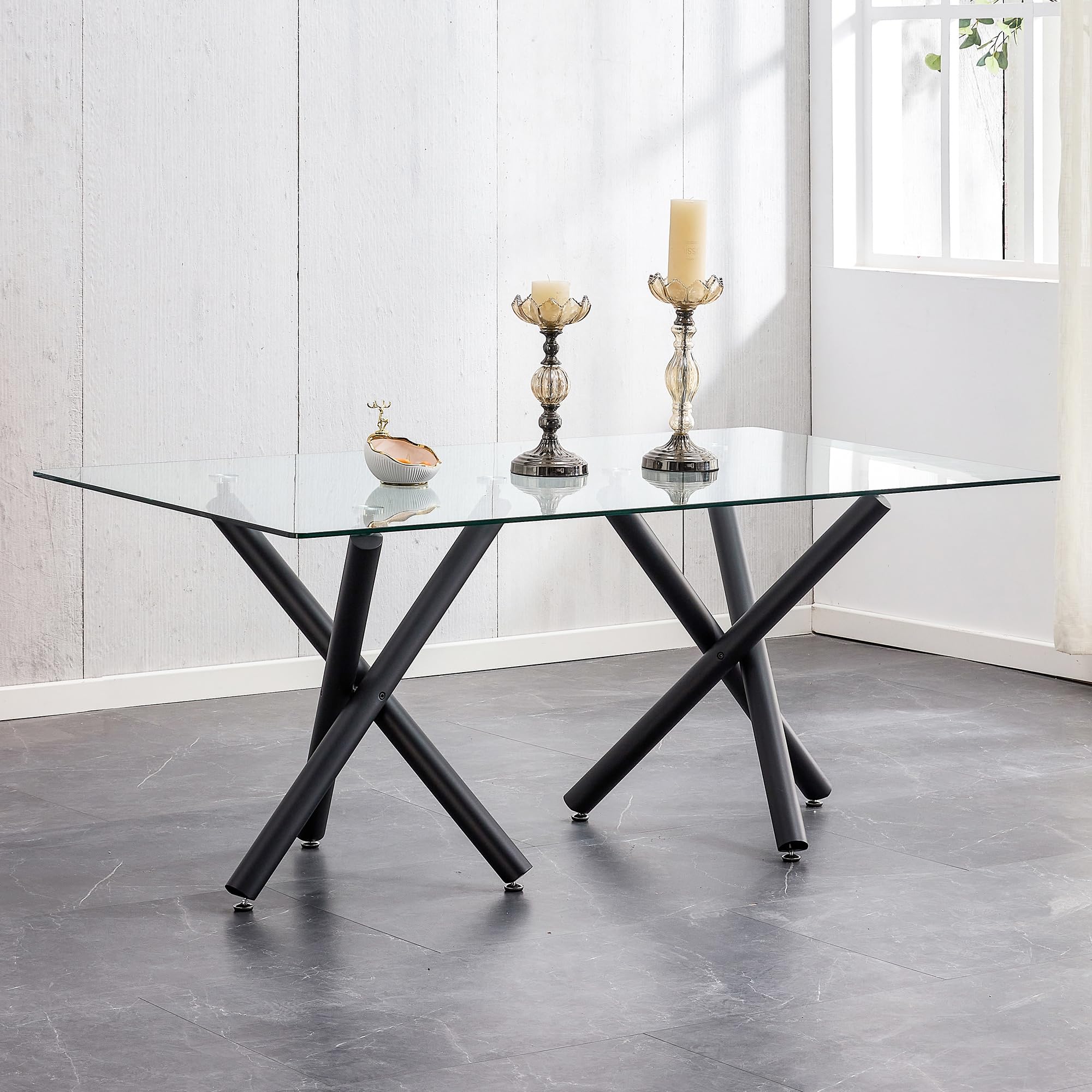 JBFF 71" Large 6-8, Modern 0.39" Tempered Glass Top Black Metal Pedestal Base, Easy Assemble, Mid-Century Rectangle Dinner Table for Dining Living Room, Kitchen