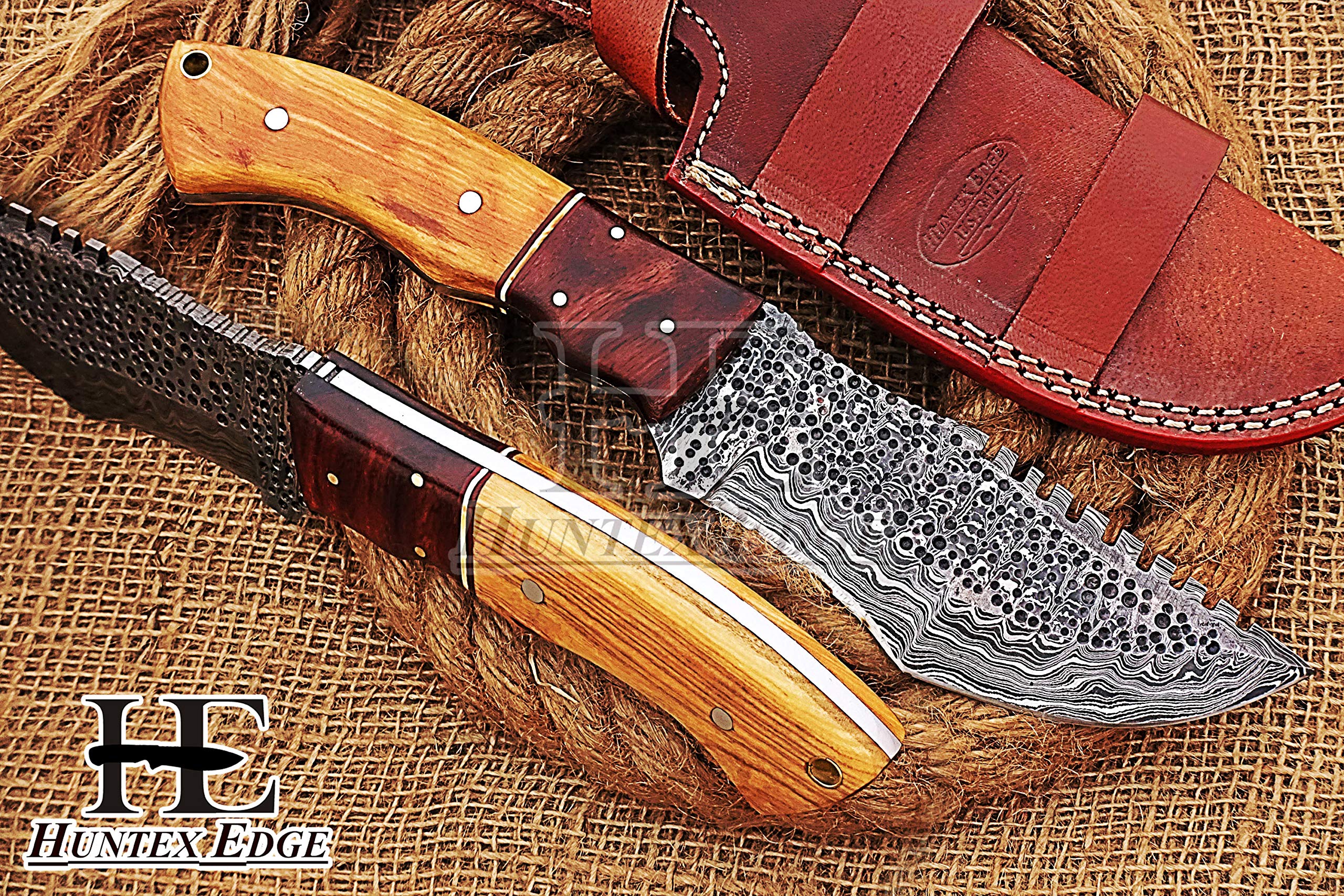 HUNTEX Handmade Exposed Hand-Forged Ladder Pattern Damascus Steel 10 Inch Long Full Tang Oak Wood Handle Razor Sharp Hunting Camping Tracker Knife w/Genuine Leather Pouch