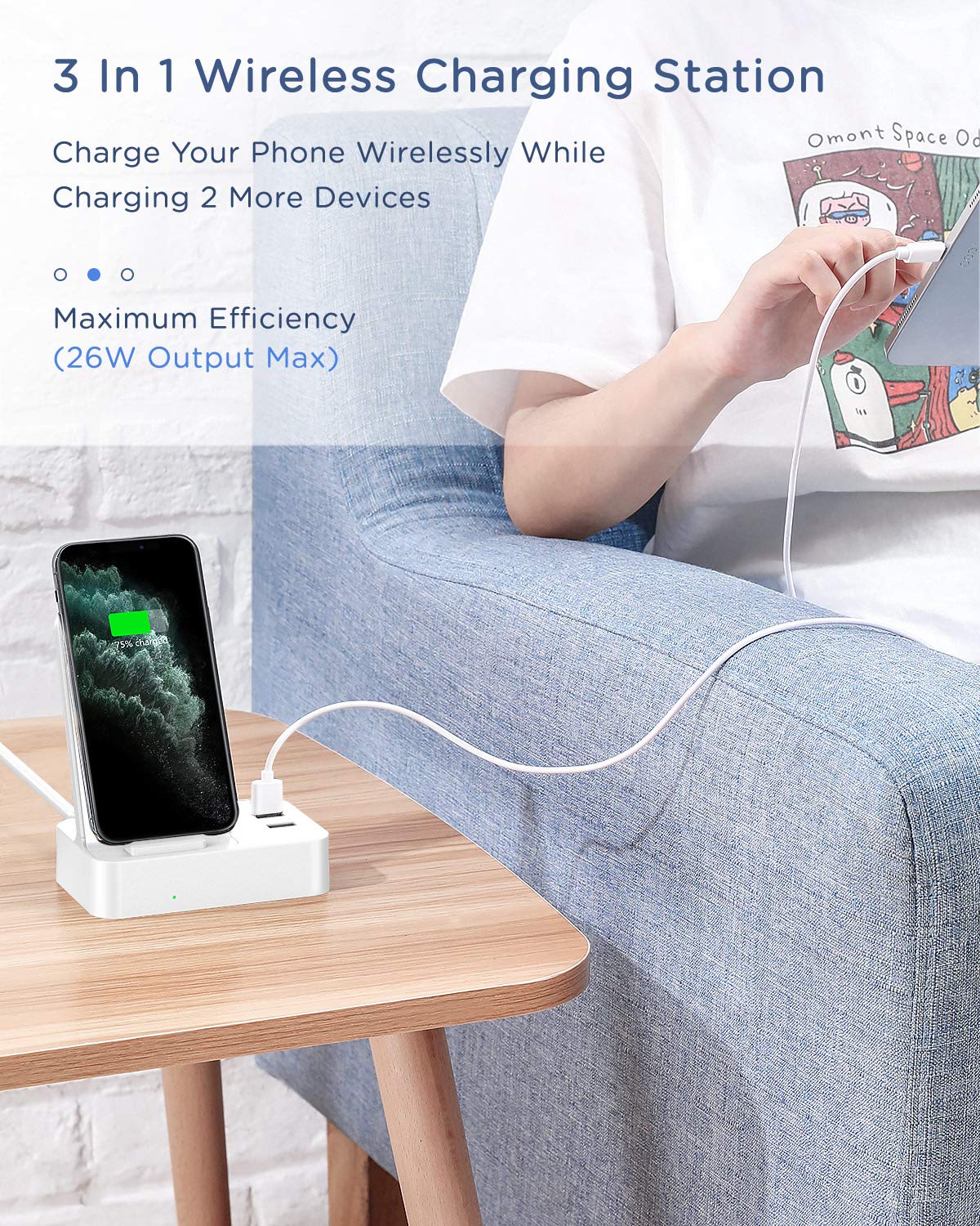 seenda Wireless Charger with 2 USB Ports - 3 in 1 Multi-Device Wireless Charging Stand Station Built-in AC Adapter, Compatible with iPhone SE2020, 11, XS Max, XR, X, 8 Plus, Galaxy, Note (White)