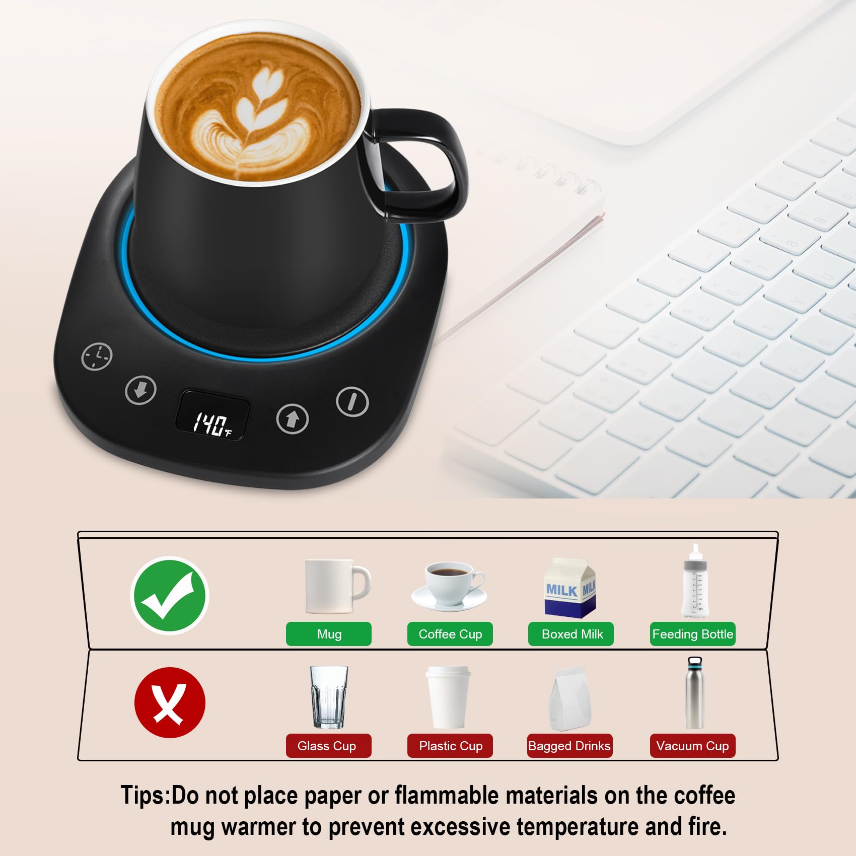 HYRIXDIRECT Coffee Mug Warmer with Mug Spoon Set, Electric Coffee Cup Warmer for Desk with Auto Shut Off, 7 Temperature Setting Heated Coffee Mug, Beverage, Milk, Tea Warmer