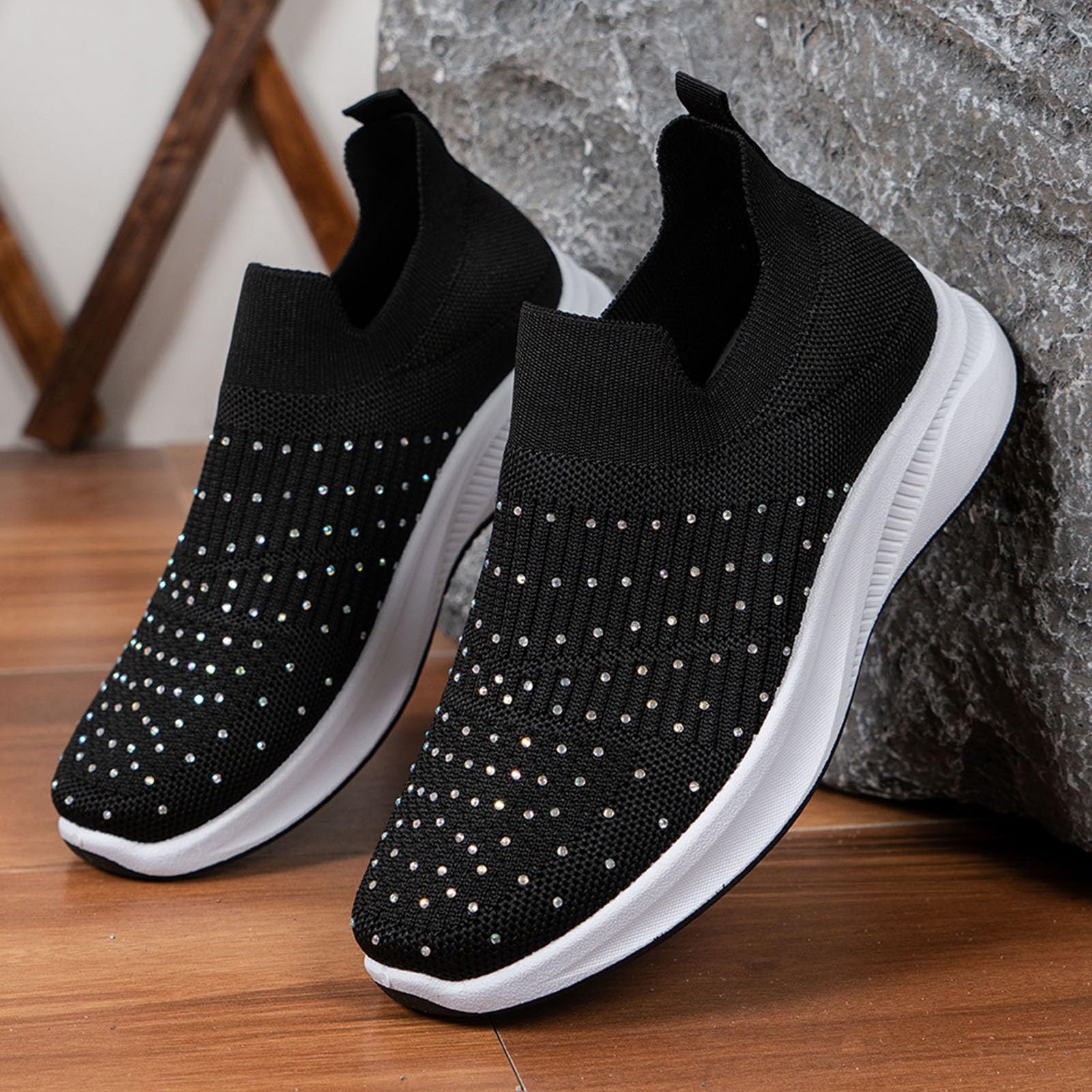 Htmbrou Women's Rhinestone Mesh Orthopedic Sneakers Mesh Walking Shoes Crystal Glitter Slip On Breathable Arch Support Sock Sneaker B-White