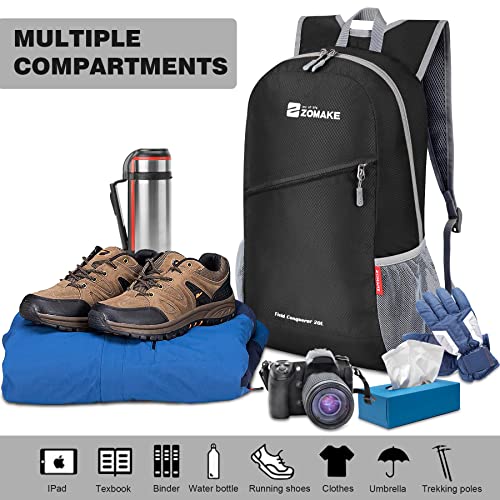 ZOMAKE 20L Small Packable Hiking Backpack for Women Men - Lightweight Travel Hiking Daypack - Water Resistant Foldable Day Pack for Camping Outdoor Sports (Black)