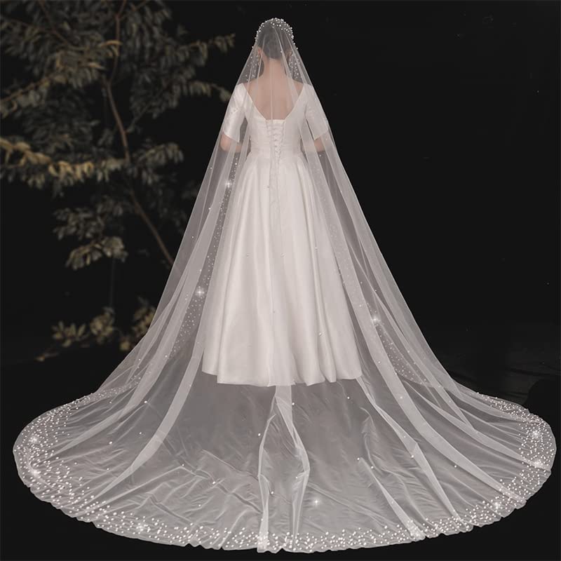 JHOO Women Pearl Edge Cathedral Length Wedding Bridal Veil with Comb 118'' (Off White)