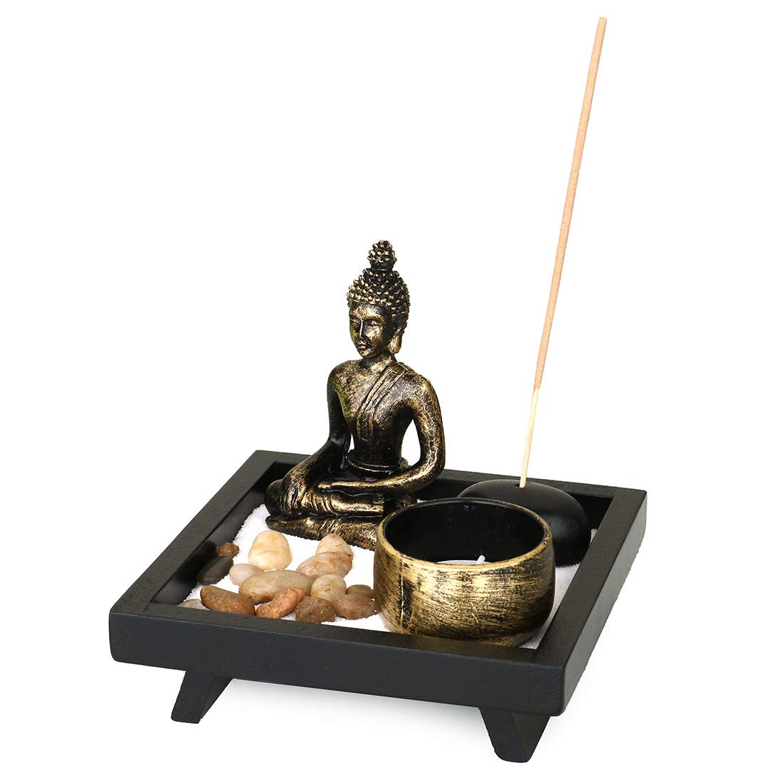Jessie Tabletop Zen Garden Resin Buddha Incense Holder with 3PCs Incense Sticks, Sand, Cobblestone, Rock Garden Candle Holders for Home Decor