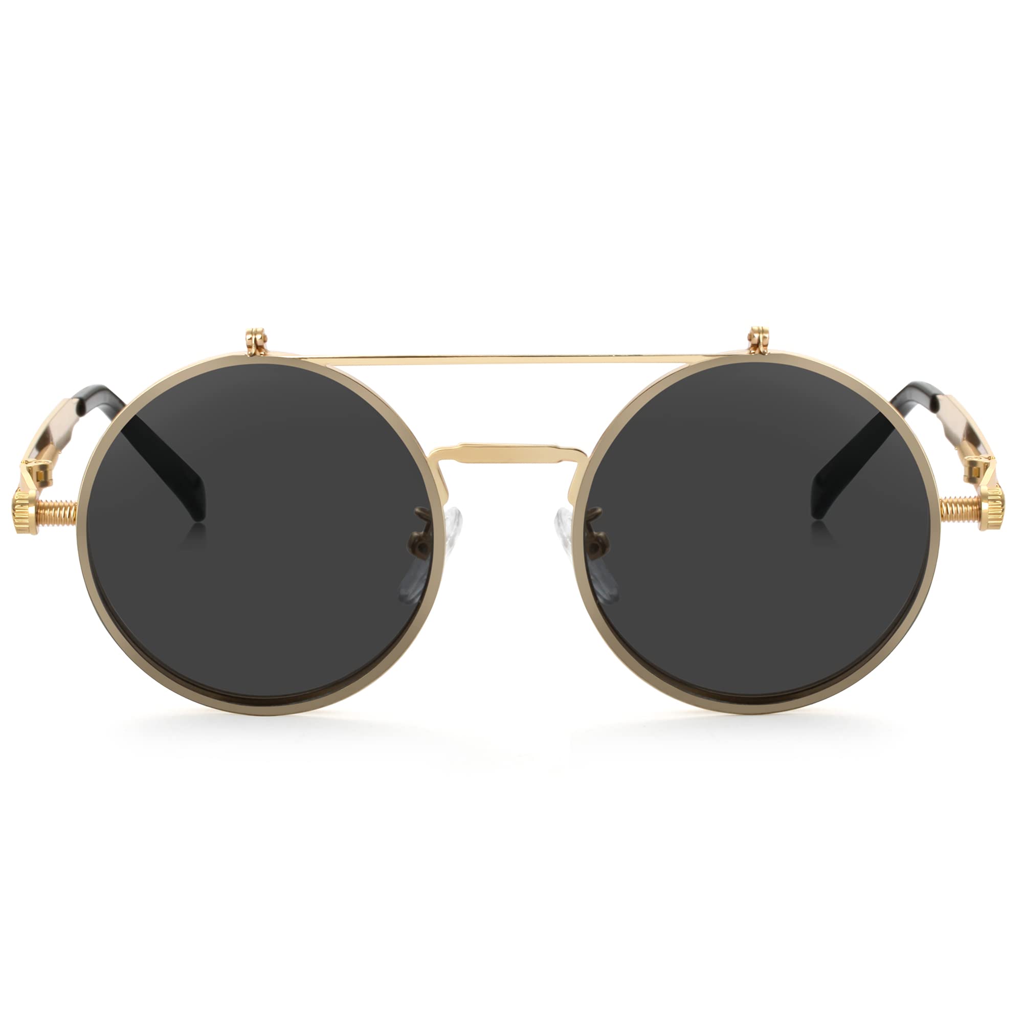 Kursan Vintage Round Flip Up Sunglasses for Women Men Hippie Style Circle Sun Glasses (Gold/Black)