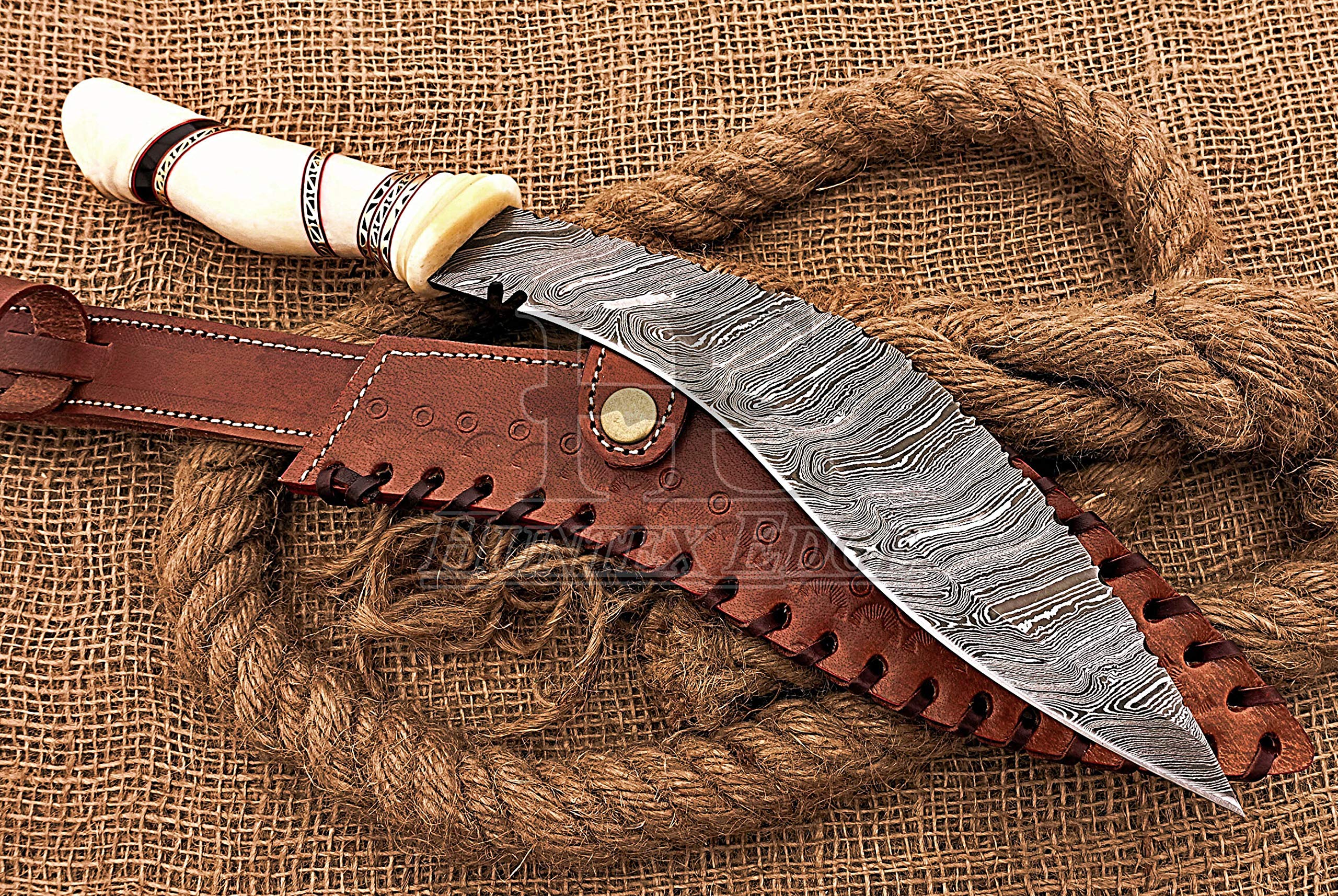 HUNTEX Unique Custom Handmade Hand Forged Damascus Steel 15 Inch Long Full Tang Camel Bone Handle Razor Sharp Hunting Camping Kukri Knife with Genuine Leather Sheath