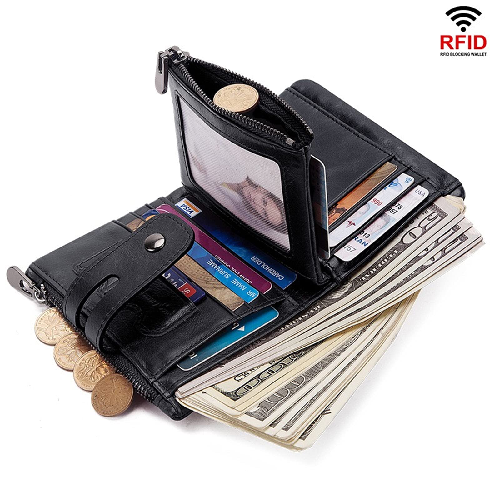 LAOHEIMA Mens Wallet RFID Genuine Leather Bifold Wallets For Men, ID Window 13 Card Holders Gift Bo