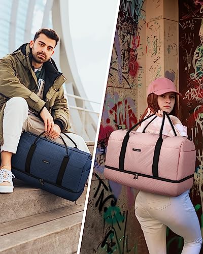 Travel Duffle Bag, BAGSMART 45L Large Carry On Bag Weekender Overnight Bag for Men Women with Shoes Compartment & Wet Pocket, Pink