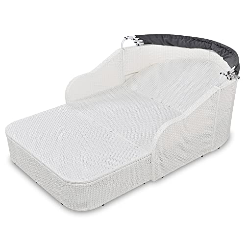 Heasege 79.9" Outdoor Sunbed with Adjustable Canopy, Double Lounge, PE Rattan Daybed, White Wicker, Gray Cushion