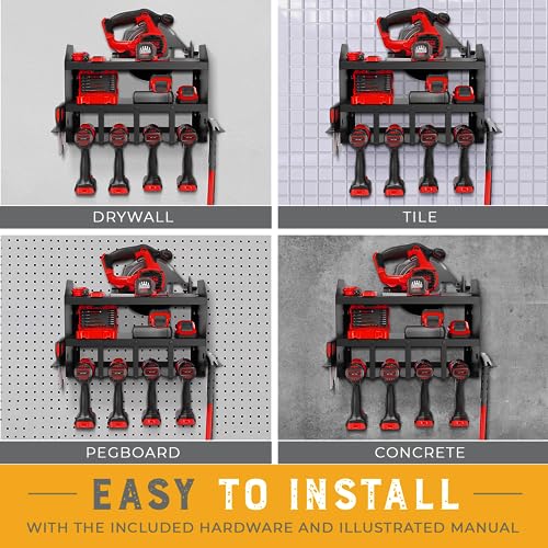 Tuff Pro Tools Garage Power Tool Organizer Wall Mount - Adjustable, Heavy-Duty, and Rust-Resistant Storage Rack for Cordless Tools - Wall Tool Organizer and Storage with Circle Saw Holder Included