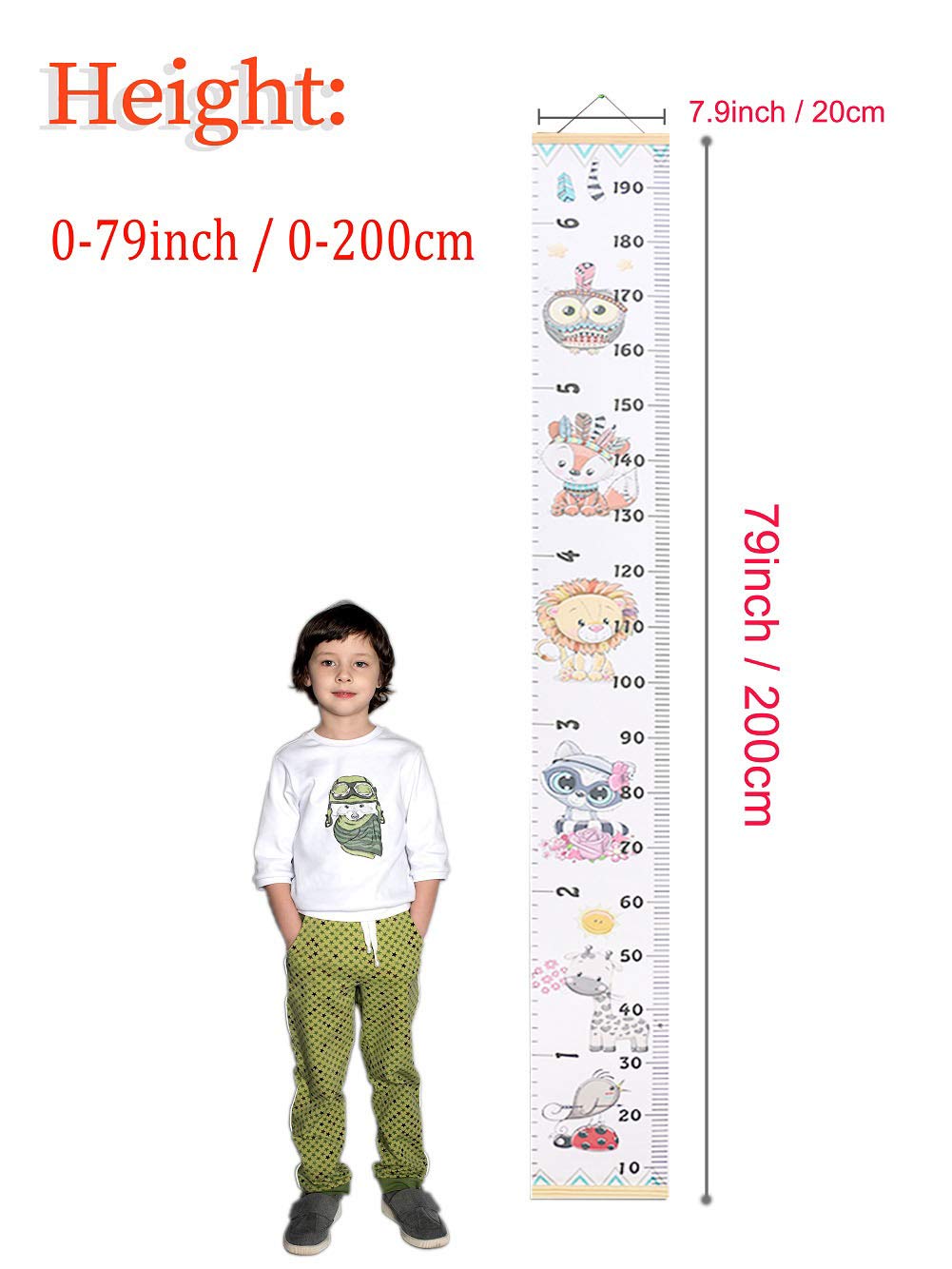 JJGoo Baby Growth Chart Hanging Ruler Wall Decor, Wood Frame Fabric Canvas Removable Height Measurement Ruler Wall Height Growth Chart for Kids Toddlers and Babies (Animal Pattern)