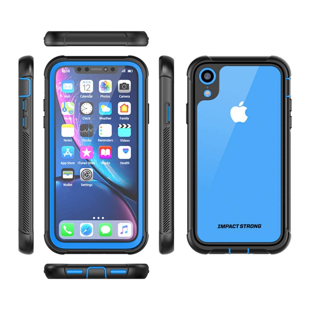 ImpactStrong Clear Case for iPhone XR, Ultra Protective with Built-in Clear Screen Protector Transparent Full Body Cover (Blue)