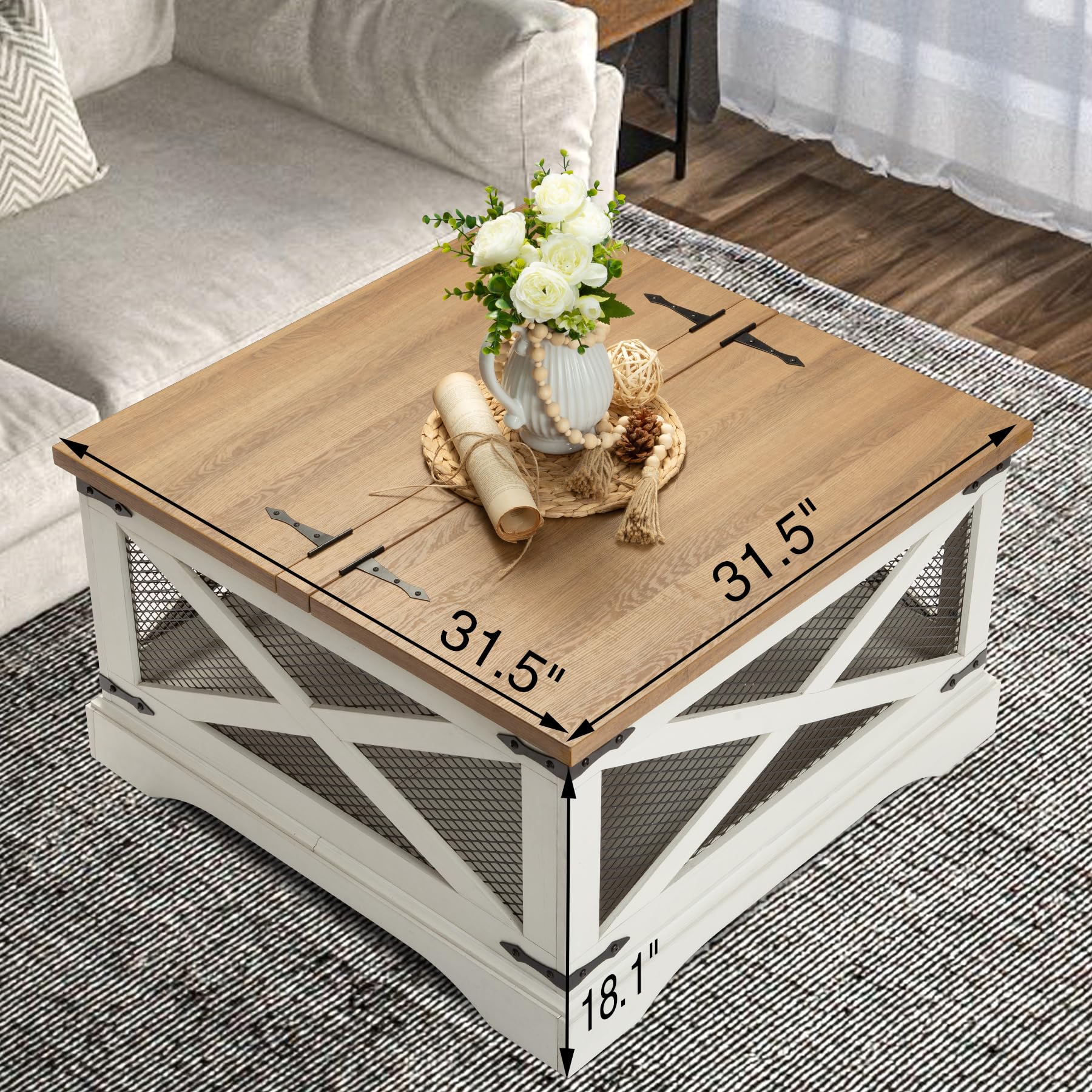 HOKYHOKY Square Coffee Table with Storage - 31.5" Farmhouse Wood Center Table w/Hinged Lift Top, Openwork Rustic Coffee Table w/Compatrment, Industrial Coffee Table for Living Room (Walnut)