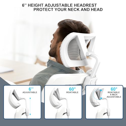 π―πΆπ΄π¬ πΆπππ°πͺπ¬ πͺπ―π¨π°πΉ, Ergonomic Mesh Desk Chair, High Back Computer Chair- Adjustable Headrest with Flip-Up Arms, Lumbar Support, Swivel Executive Task Chair (Modern, White)