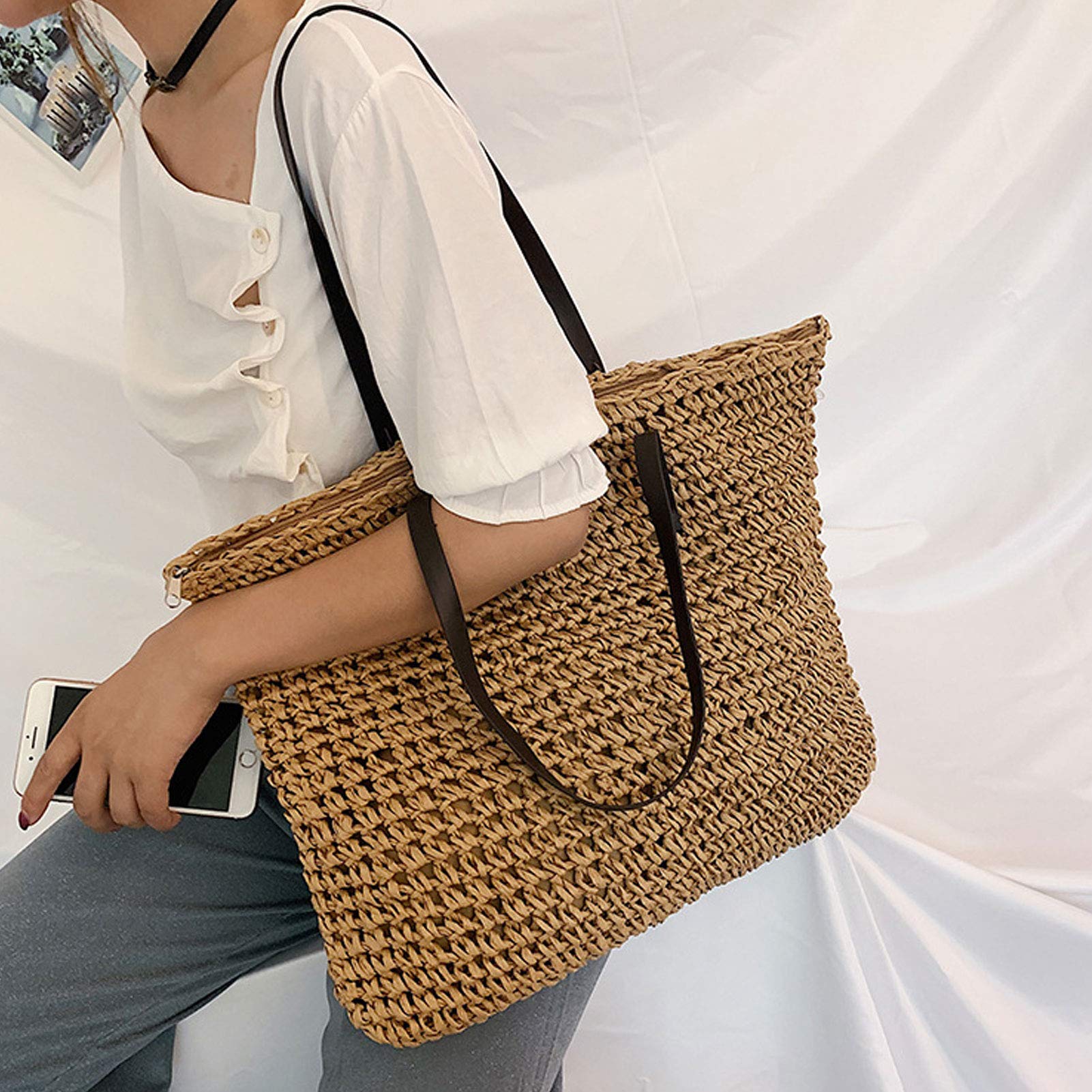 LISSO Women Summer Beach Weaving Shoulder Bag Straw Woven Large Tote for Leisure Vacation Travel (Brown)