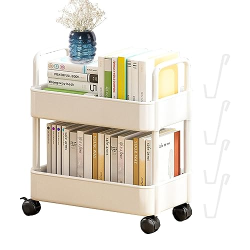Jextou Rolling Book cart, 37x25x43.5cm Movable Bookshelf Cart, Mobile Book Cart Organizer, 2 Tier Bookshelf, Cart Rolling Storage Organizer for Office Home Kitchen