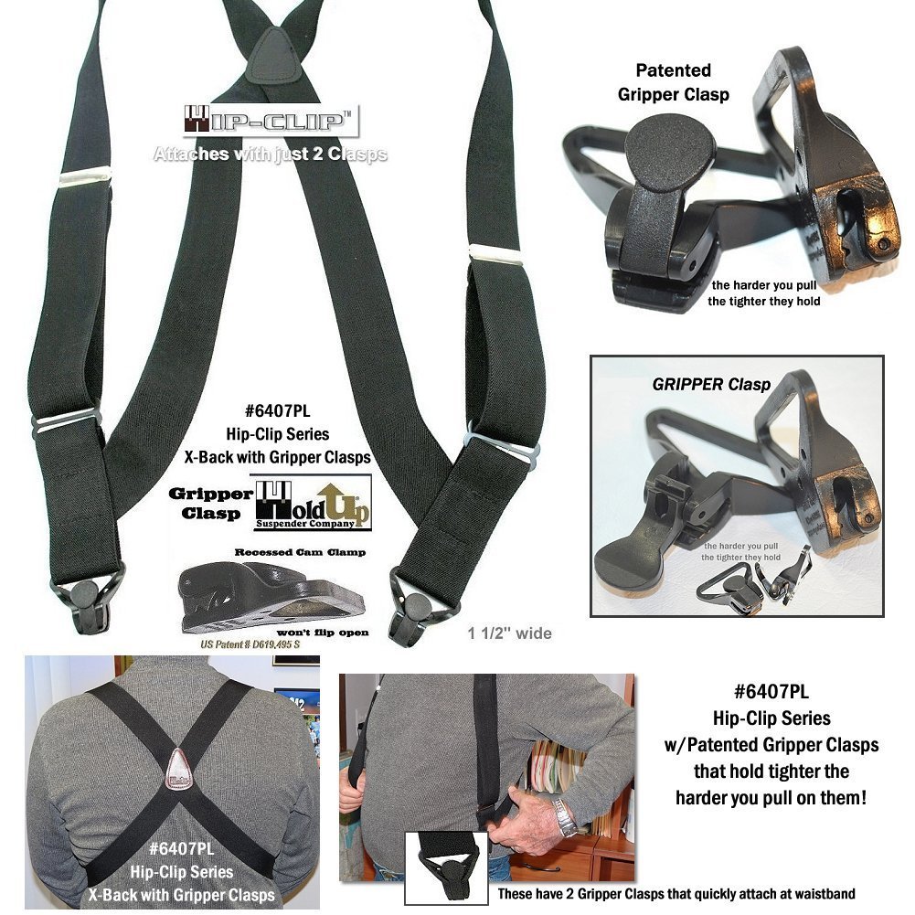 Hold-Up Hip-clip Style Suspenders for Men 1 1/2" Wide (Black/Plastic Clip)