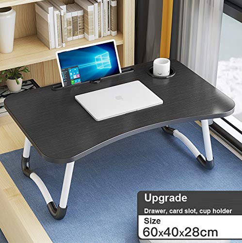 Home Office Lap Desk with Storage Drawer, Tablet and Cup Holders, Laptop Bed Tray Table, 23.6" Foldable Laptop Desk, Laptop Stand for Working, Writing, Gaming and Drawing, White Top White Legs