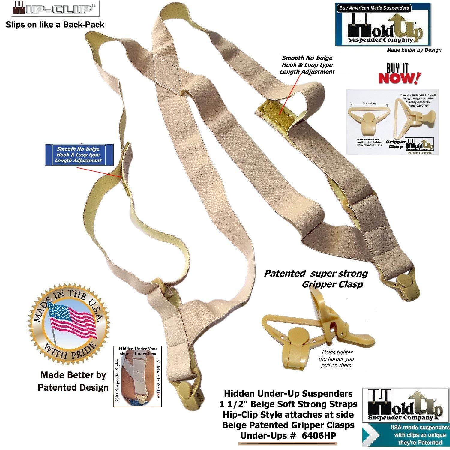 Holdup Tan 1 1/2" Hip-Clip Style Under-Ups Suspenders for Men with the Patented Composite plastic Gripper Clasps