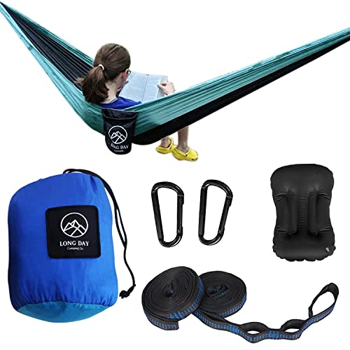 Long Day Camping Hammock with Camping Pillow Included- Portable Hammock - Single or Double Hammock Camping with Tree Straps and Hammock Pillow Included (Blue/Blue)