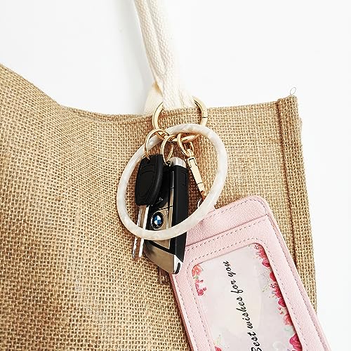 Junyuerly Wristlet Keychain Bracelet for Women Bangle Key Rings Acetate Round Key Chain with Clip (gold-pearl white)