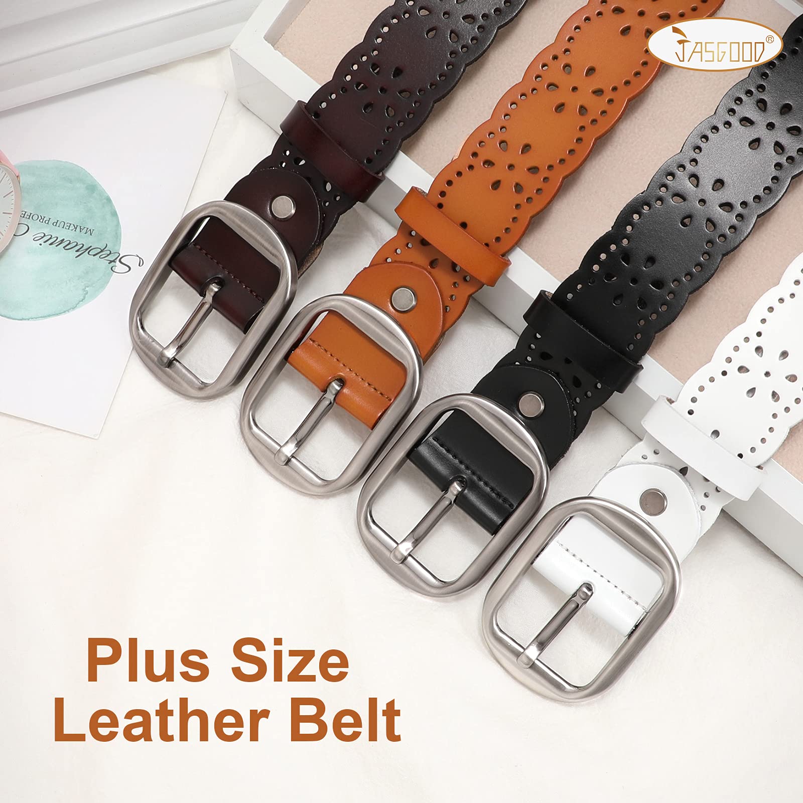 JASGOOD Women's Plus Size Belt, Hollow Flower Leather Belt for Jeans Pants Wide Belt with Metal Buckle