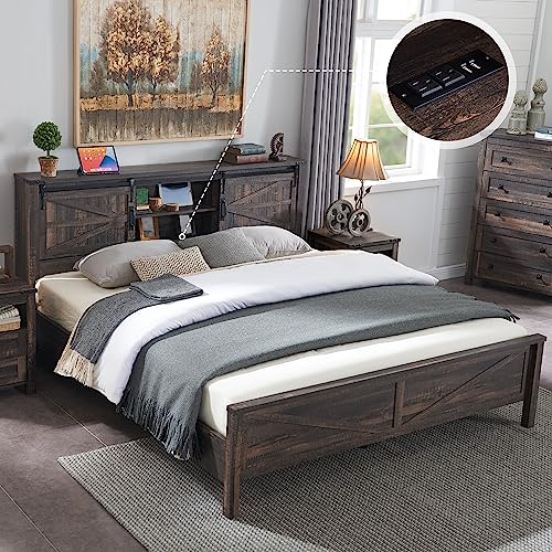 T4TREAM Farmhouse Queen Bed Frame Dark Rustic Oak