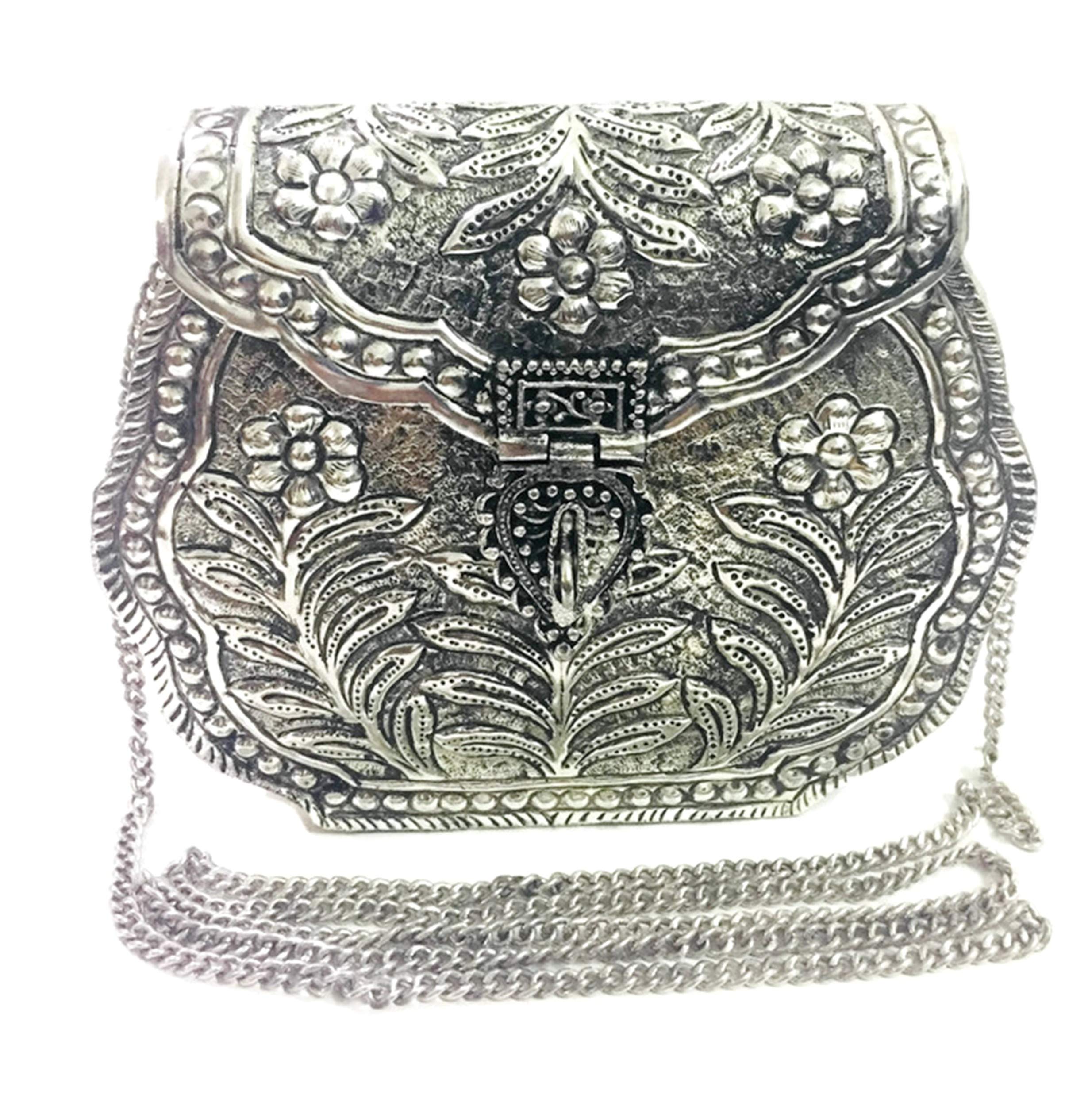Indian Vintage Brass silver clutch Purse antique Ethnic Handmade Women metal white wallet