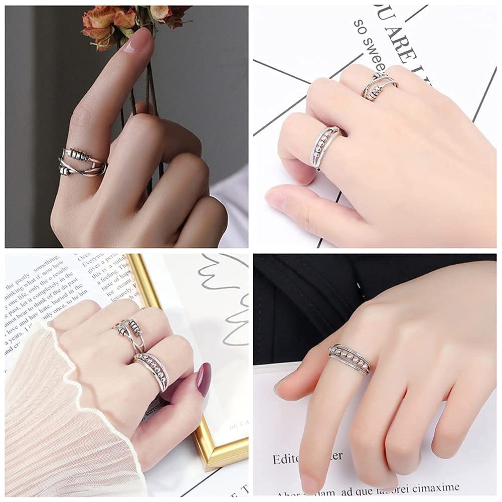 LETINE 2Pcs Fidget Rings with Beads Spinner Rings for Anxiety, Unisex Adjustable Stacking Spinning Worry Ring Size 6-10 (Silver)