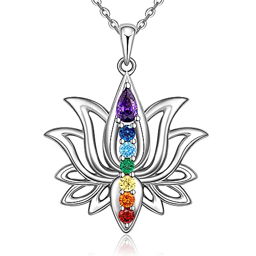 Jewlikee 7 Chakra Necklace Sterling Silver Yoga Lotus Pendant Chakra Stone Bar Necklaces for Women Energy Balance