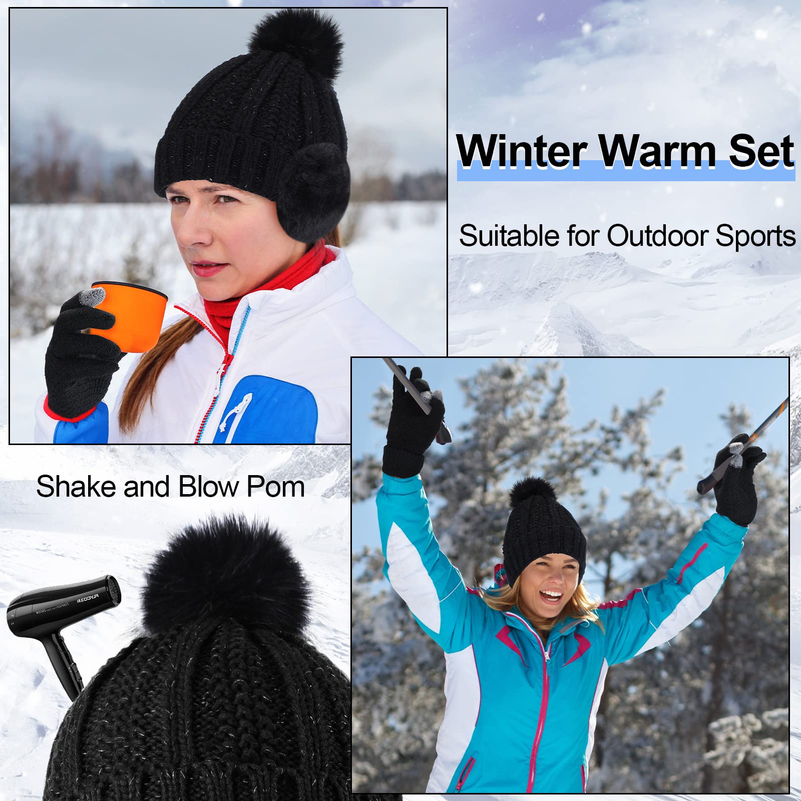 Hicarer 5 Pieces Women Ski Outing Set, Knit Winter Hat Scarf Gloves Earmuffs Stockings (Black, Classic Style)