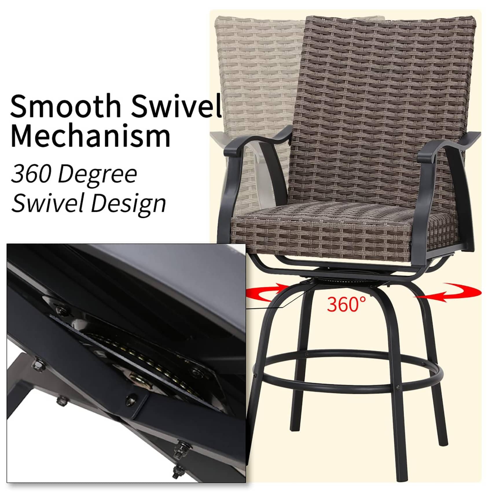 TOP HOME SPACE Patio Bar Stools High Back Outdoor Swivel Bar Height Stool Wicker Chairs Set of 2 with Built-in Cushion Metal Frame for Deck Porch Backyard