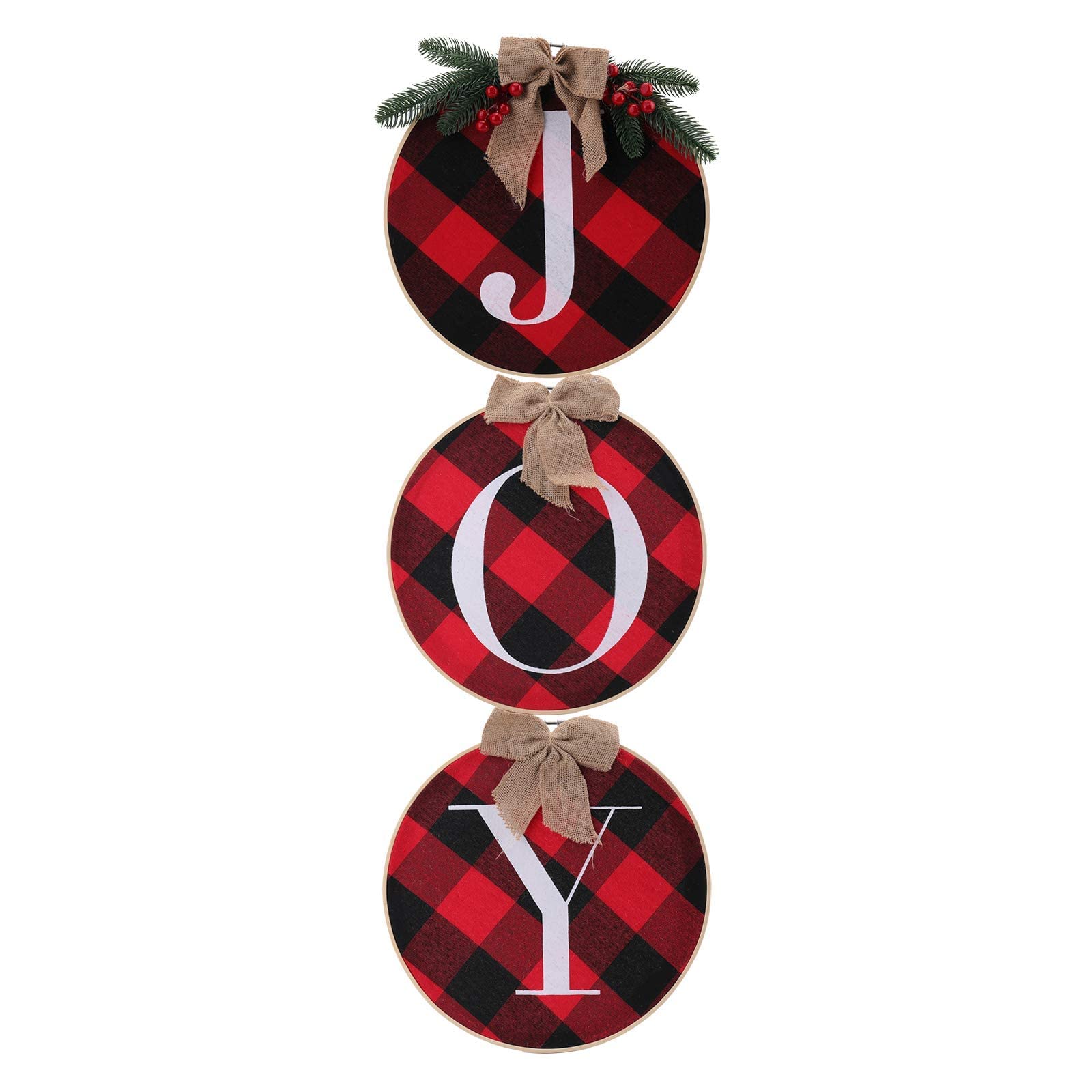 Jucoan Joy Sign Christmas Wreath Decoration for Front Door, Rustic Buffalo Check Plain Wood Hanging Wreath for Home, Wall, Fireplace, Stairs, Xmas Holiday Decor