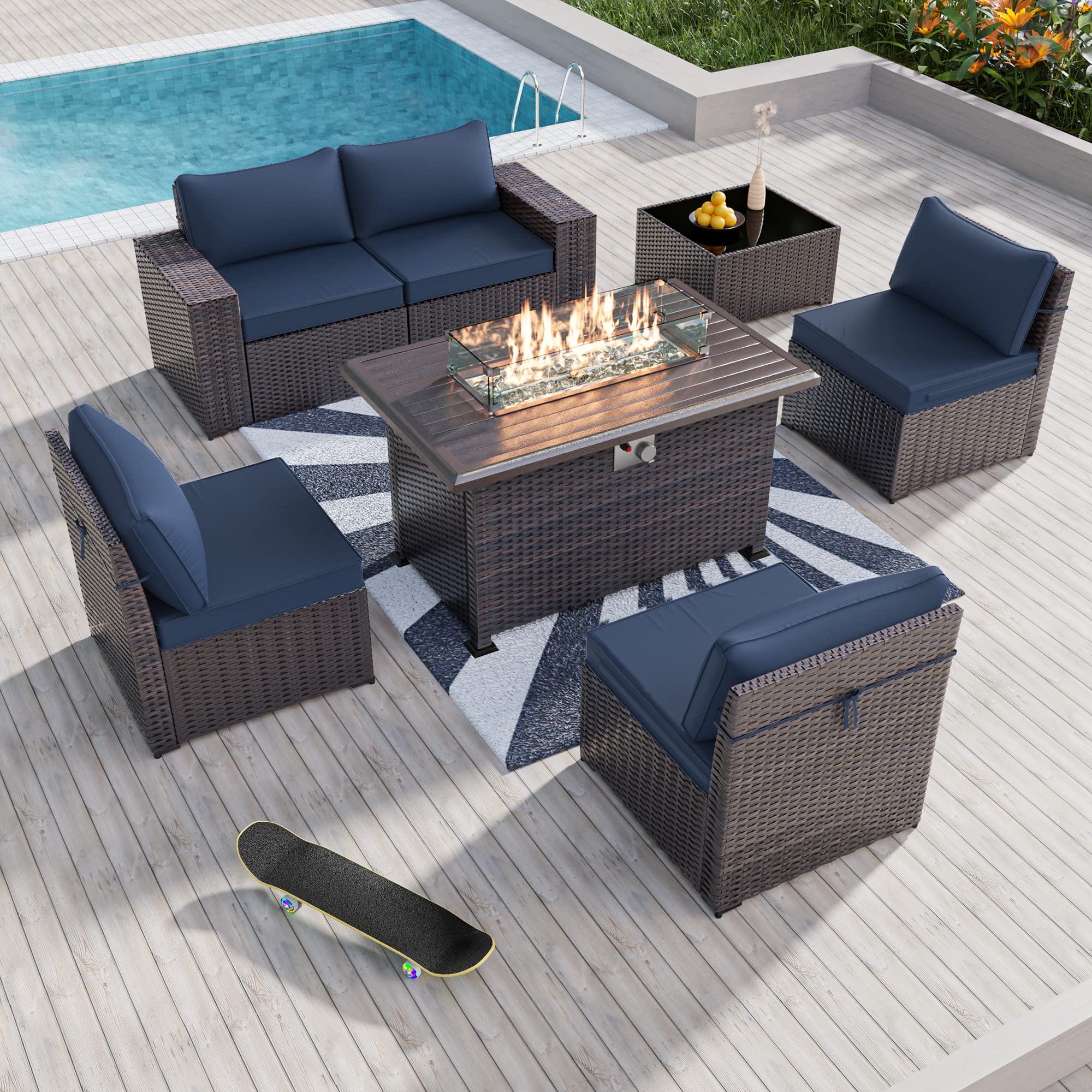 Kullavik 7 Pieces Outdoor Patio Furniture Set with 43" Gas Propane Fire Pit Table PE Wicker Rattan Sectional Sofa Patio Conversation Sets,Navy Blue