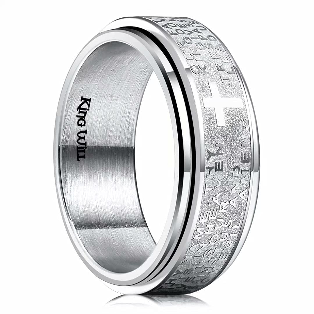 King Will 8mm Lord's Prayer Rotatable Ring Stainless Steel Ring Comfort Fit Wedding Band Rings For Men Women 9.5