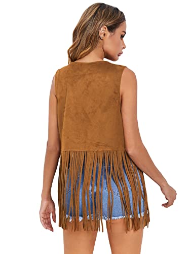 Verdusa Women's Tassel Sleeveless Vest 70s Hippie Faux Suede Fringe Jacket Cardigan Brown L