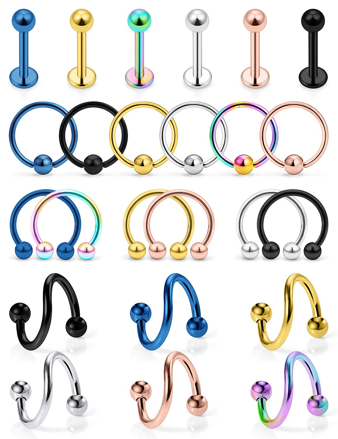 Hoeudjo 24PCS 16G Spiral Barbell Surgical Steel Twist Cartilage Helix Tragus Earring Lip Eyebrow Labret Hoop Rings Piercing Jewelry for Women Men 10mm
