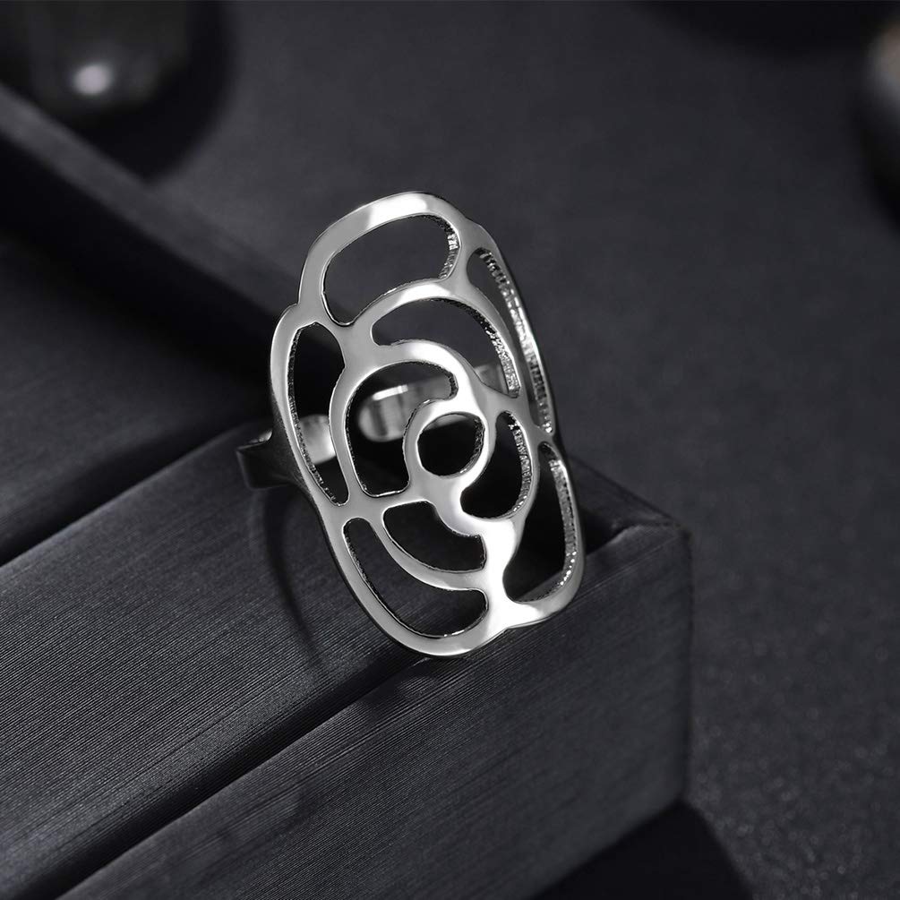 Houpotao Women's Rose Open Ring Adjustable Surgical Stainless Steel Novelty Flower Statement Ring (Rose Open Ring)