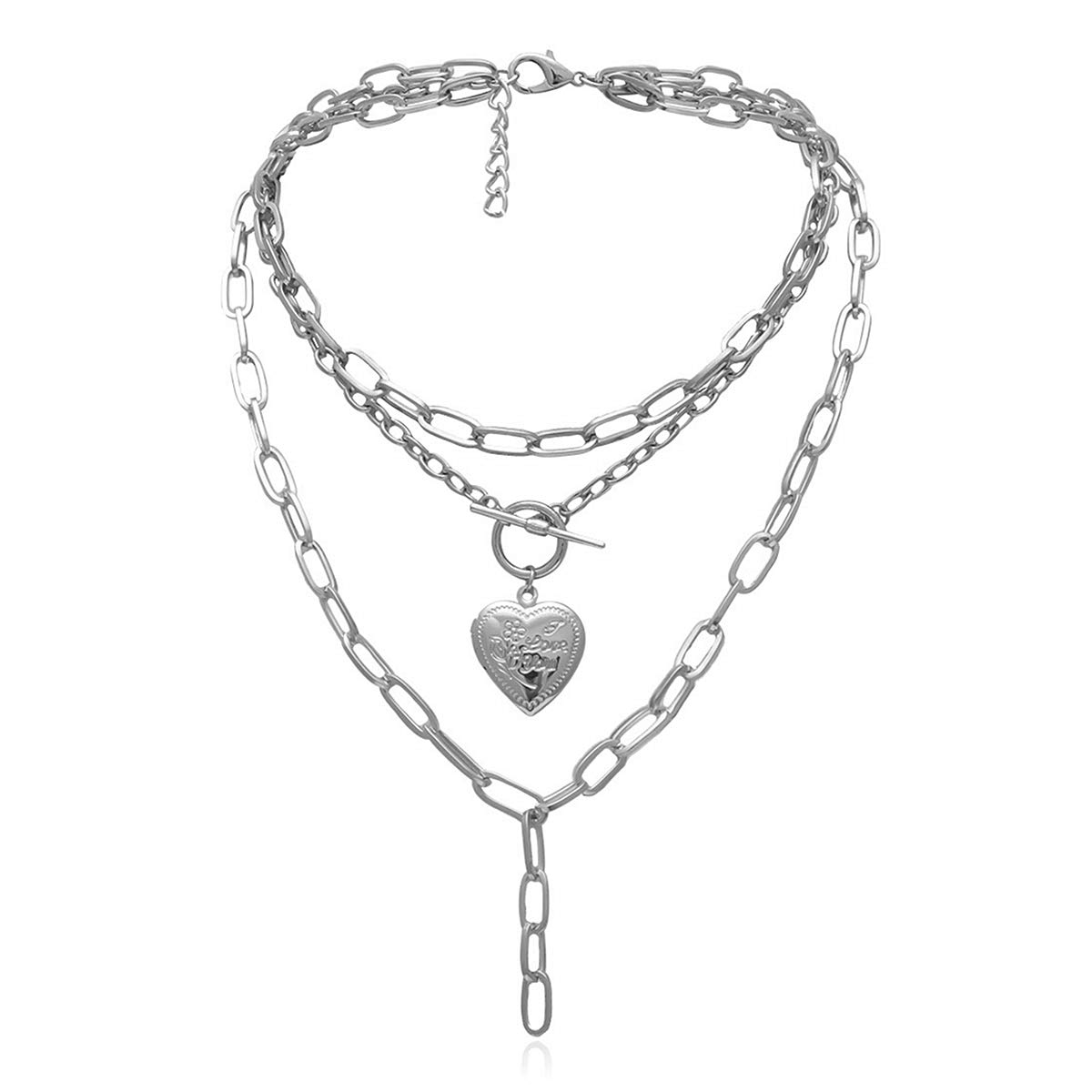 Ingemark Statement Cool Punk Chunky Chain Toggle Necklace for Women Heart Shaped Photo Locket Pendant Layered Heart Locket Necklace (Style 3 Silver)
