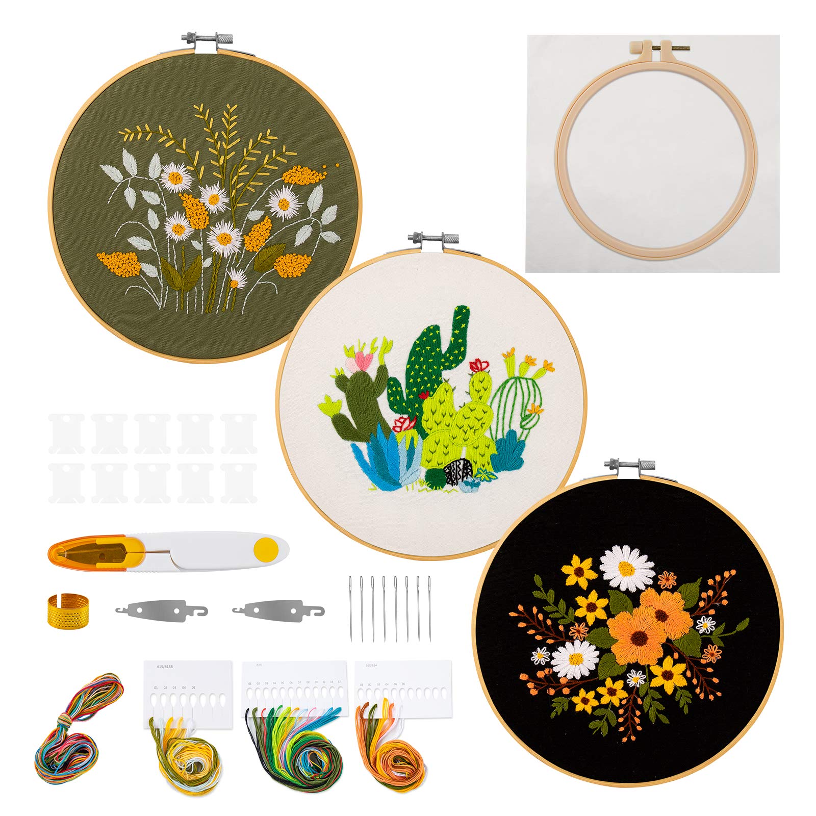JARLINK Christmas Gifts 4 Pack Embroidery Starter Kit with Instructions, Cross Stitch Kit for Adults Beginners, Including Embroidery Hoops, Embroidery Cloth, Color Threads and Tools